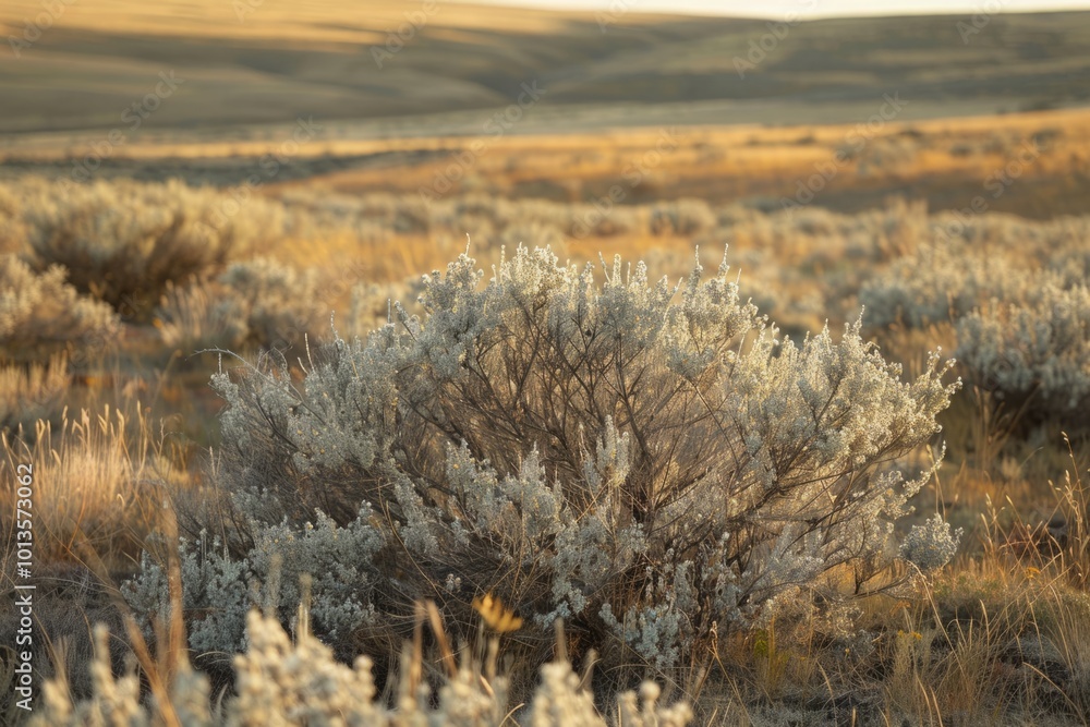 Desert landscape with sagebrush plants under a golden sunset ...