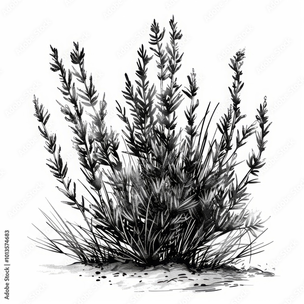 Black and white illustration of a sagebrush plant. Botanical drawing ...