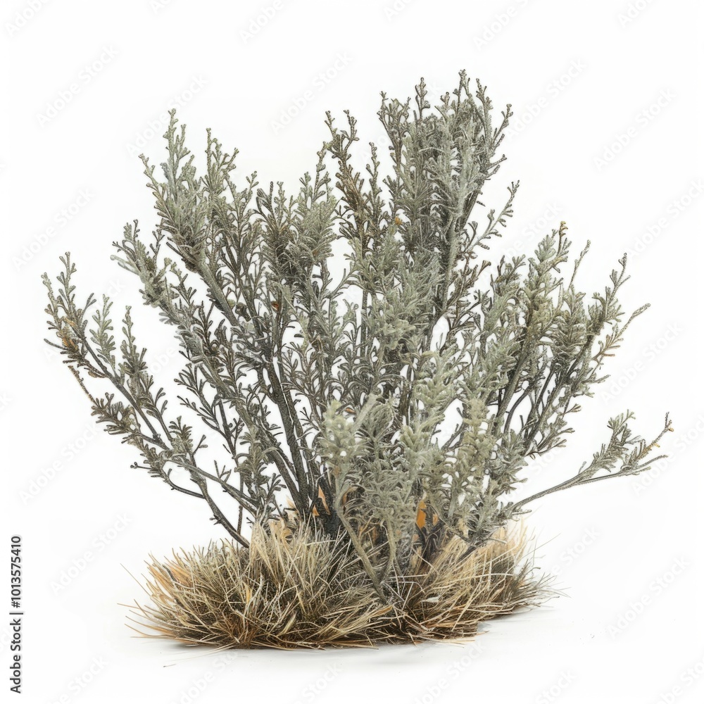 Photograph of a desert shrub with dense branches and dry grass at the ...