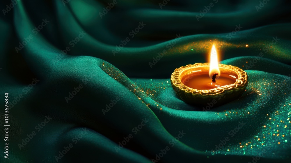 A single diya illuminated against a rich emerald green silk fabric with ...