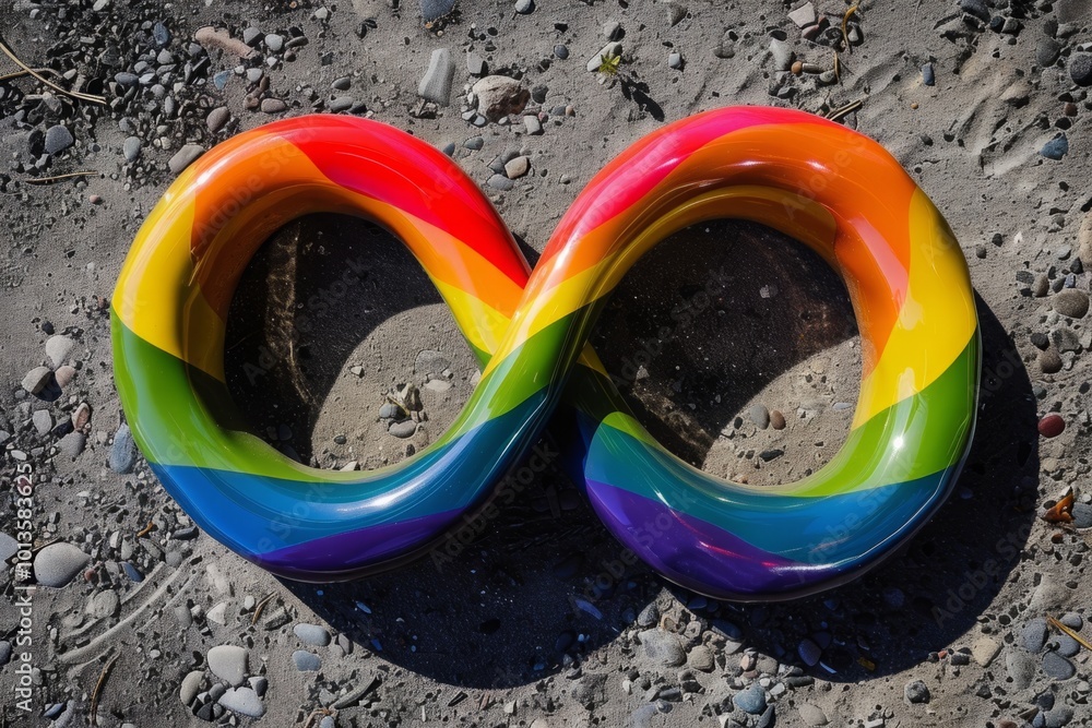 Foto de Rainbow-colored infinity symbol lying on a sandy beach with ...