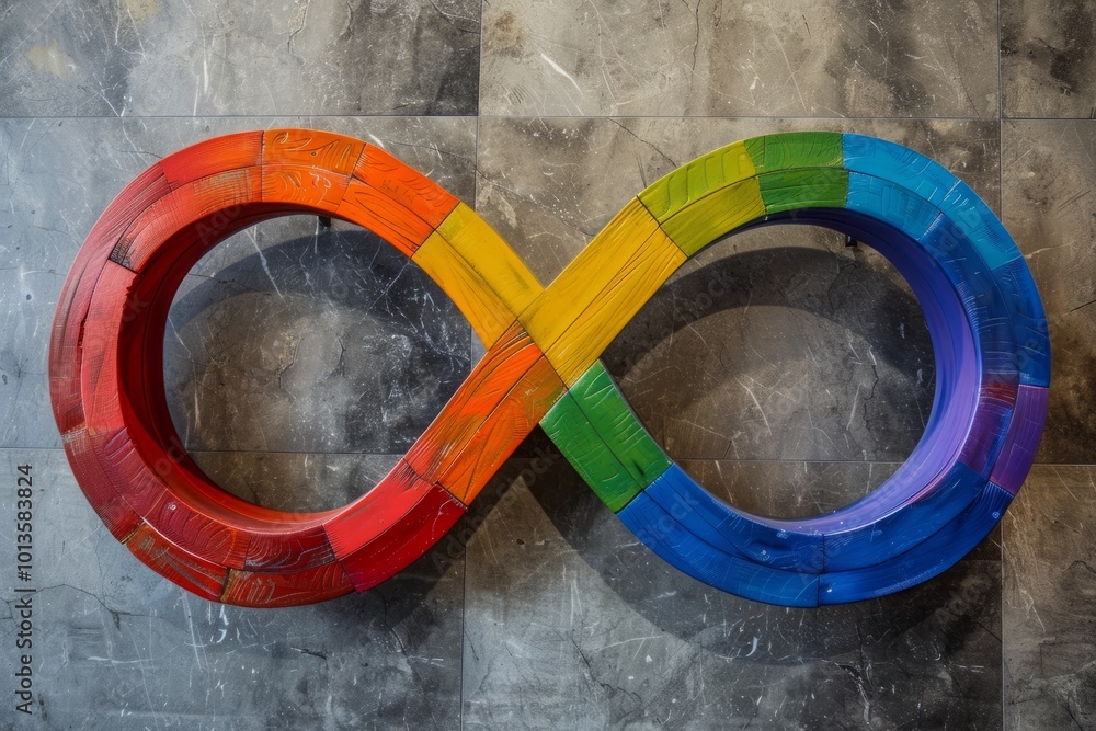 Rainbow-colored infinity symbol with textured brushstrokes against a ...