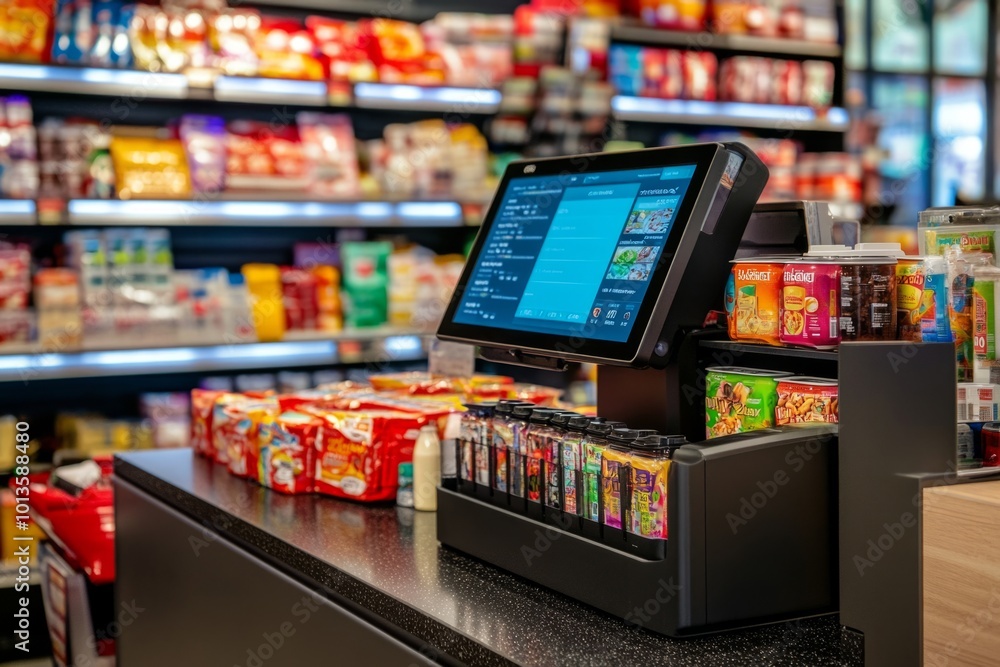 Modern store checkout area with digital register. Colorful snacks and ...