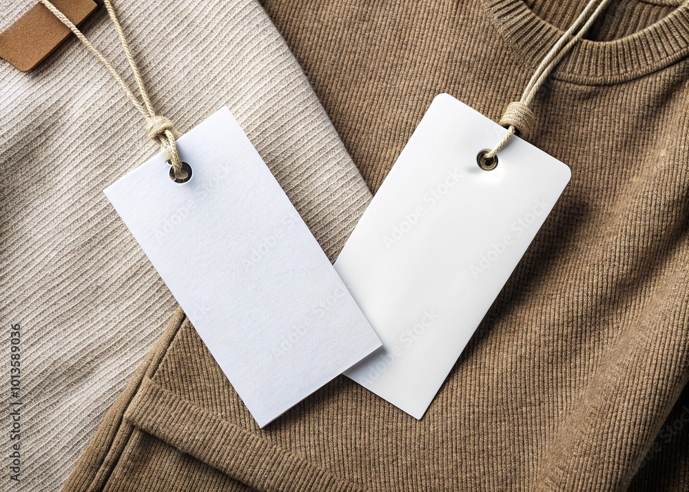 Empty clothing tags with white paper labels on a creative flat lay ...
