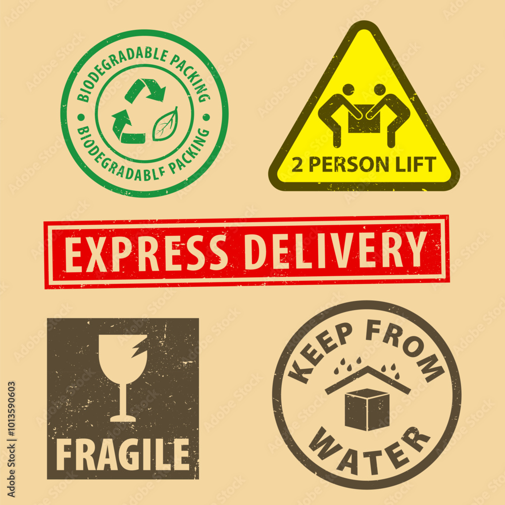 Set of fragile sticker keep from water and case icon packaging symbols ...