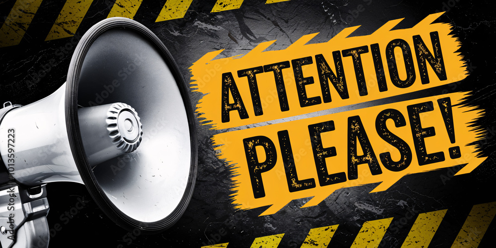 Industrial megaphone with bold yellow "Attention Please!" text on a ...