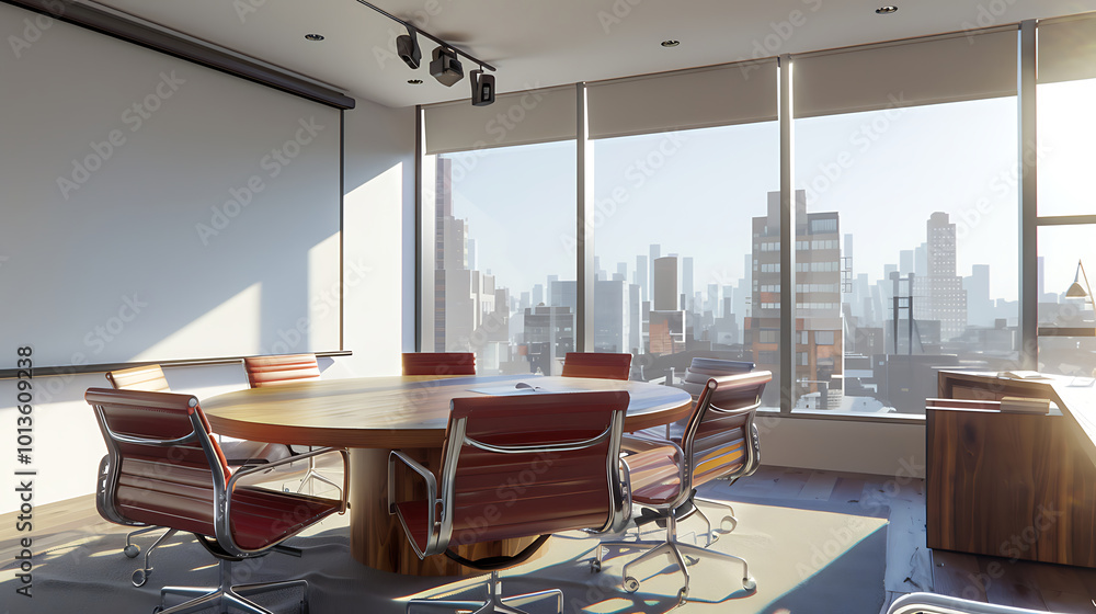 Modern office meeting room in bright open space, wooden accent wall ...