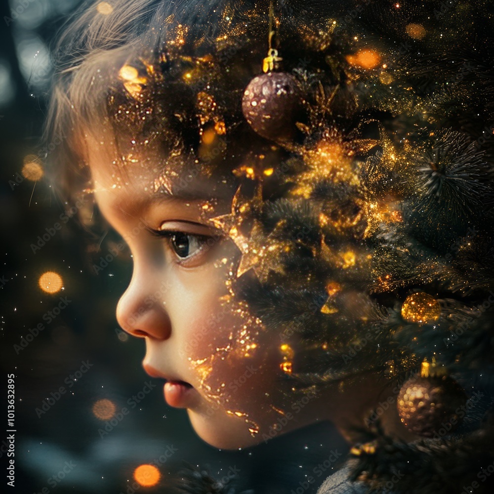 Dreamy double exposure of a child's wonder-filled face merged with a ...