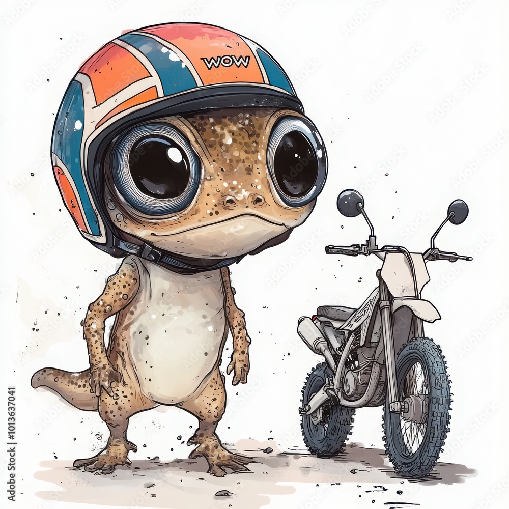 Design a chibi mudskipper with oversized eyes, wearing a racing helmet ...