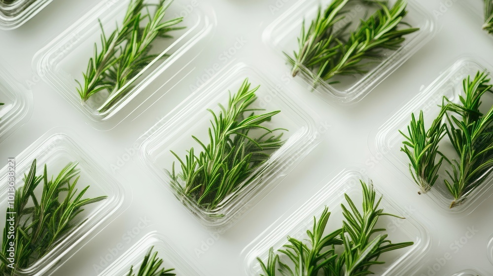 Multiple packs of fresh rosemary neatly arranged on a white background ...