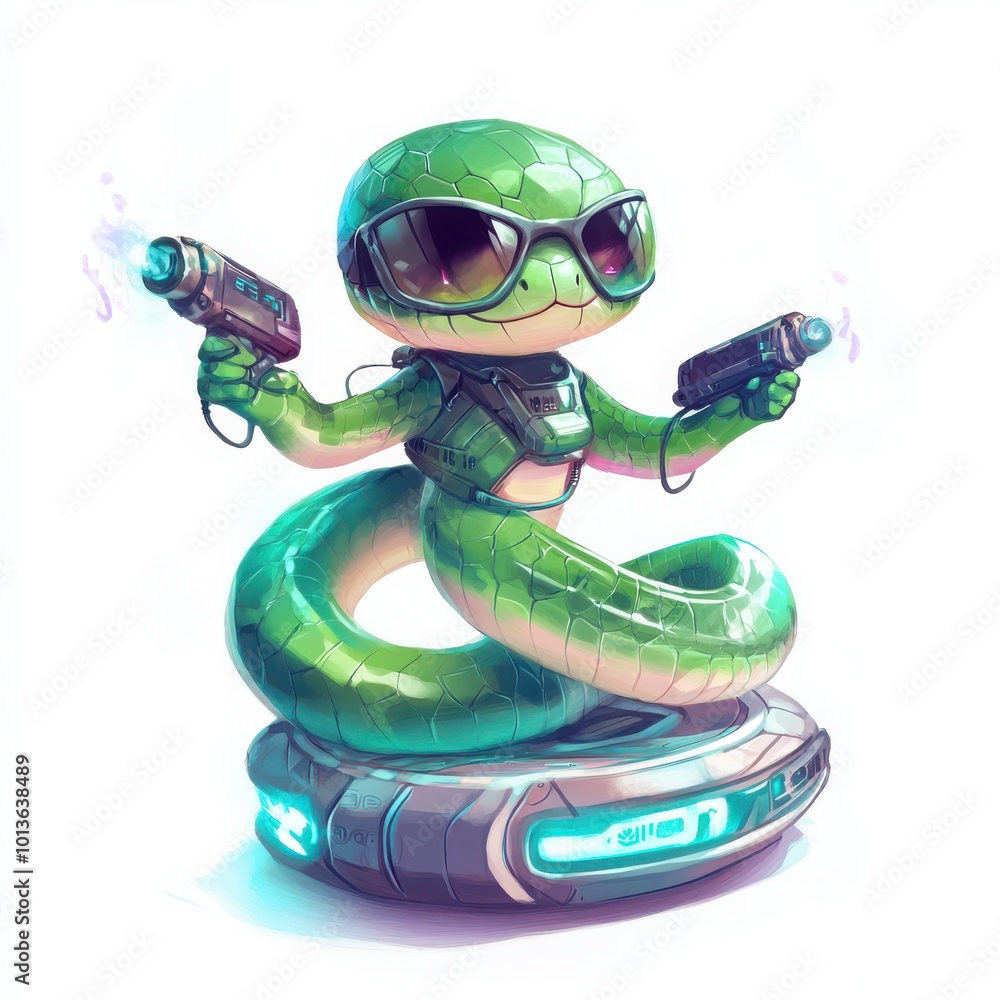 Illustrate a chibi snake coiled around a shiny, floating hoverboard ...
