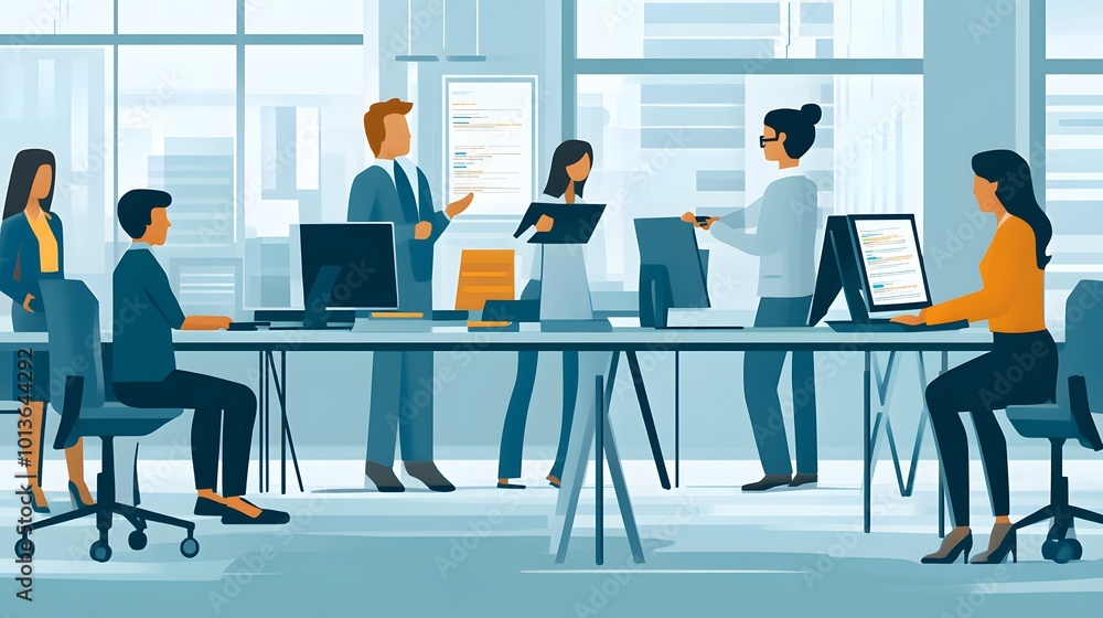 Cartoon figures of office people interacting at a workplace with a PC ...