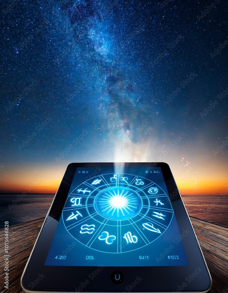 A tablet displays glowing zodiac signs, merging the digital world with ...