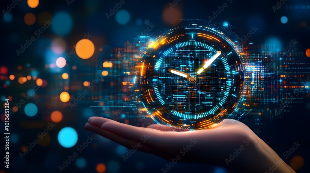 Clock on hand displaying time with digital data, symbolizing time ...