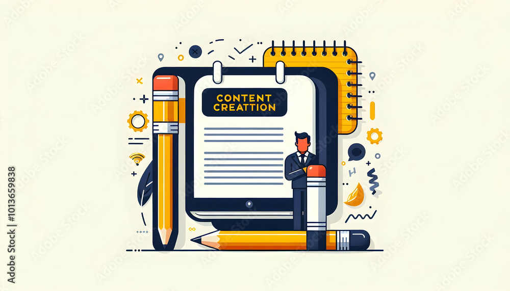 Flat Pencil and notepad border frame with Content Creation text and ...