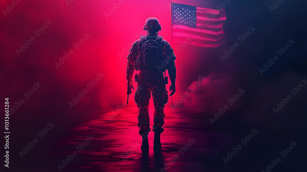 3D Veterans Day tribute with glowing abstract soldier and flag concept ...