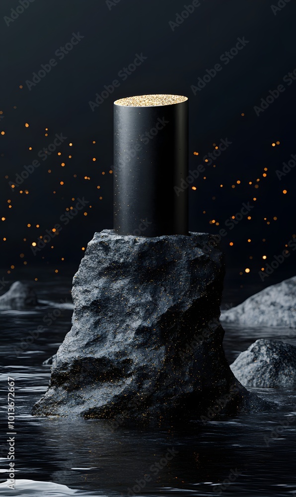 5. A luxurious 3D illustration of a rough stone pedestal and black ...