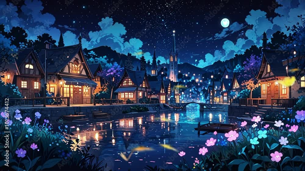 Magic city at midnight, featuring glowing flowers, lights, moon, starry ...