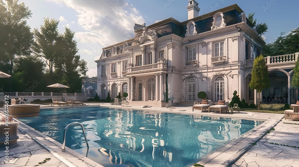 Foto de French-inspired luxury mansion, large windows, arched doors ...