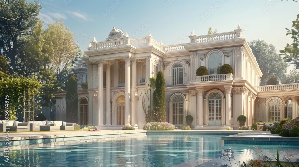 French-inspired luxury mansion, large windows, arched doors, grand ...