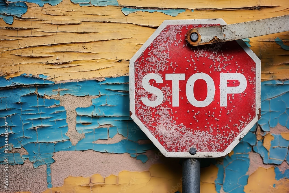 Red stop sign with white text on peeling paint yellow wall backdrop ...