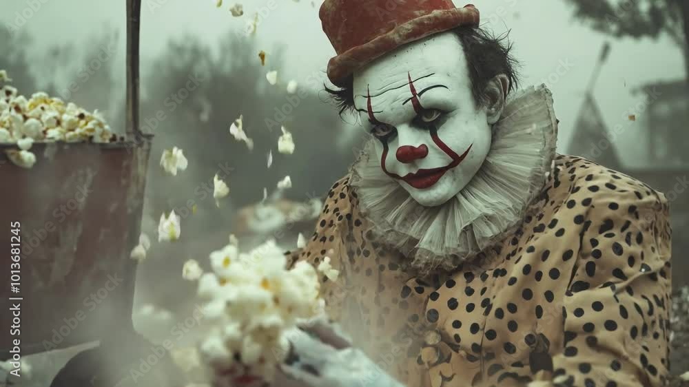 A sad clown in a polka-dot suit sits on the ground with popcorn, next ...