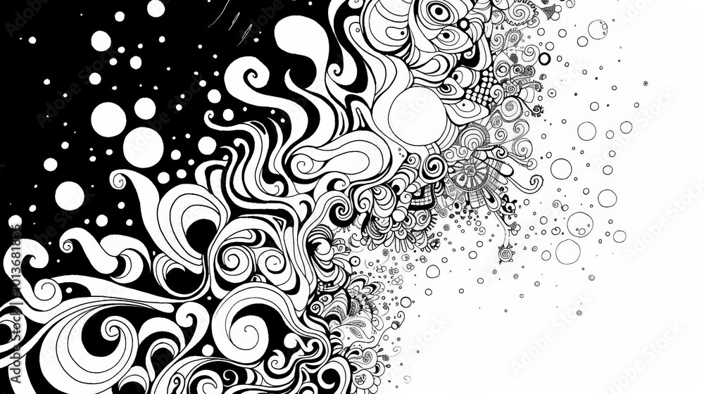 Random patterns, doodles, half coloring page in black and white, half ...