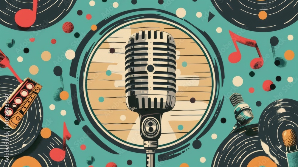 Vintage microphone with vinyl records and music notes on teal ...