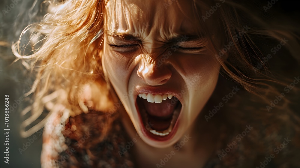 Intense Close Up Portrait of a Passionate Screaming Woman Expressing ...
