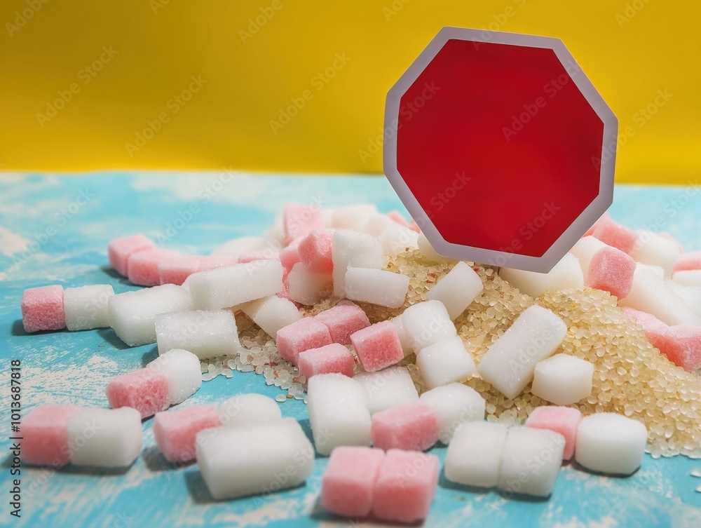 Stop sign on tablecloth with pile of colorful candies. Red stop sign ...