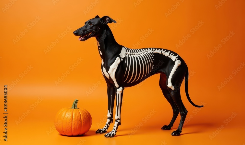 Greyhound dressed as a skeleton standing beside a pumpkin on an orange ...