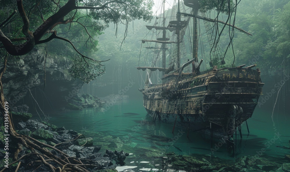 Haunted galleon anchored in a forgotten cove, where echoes of old ...