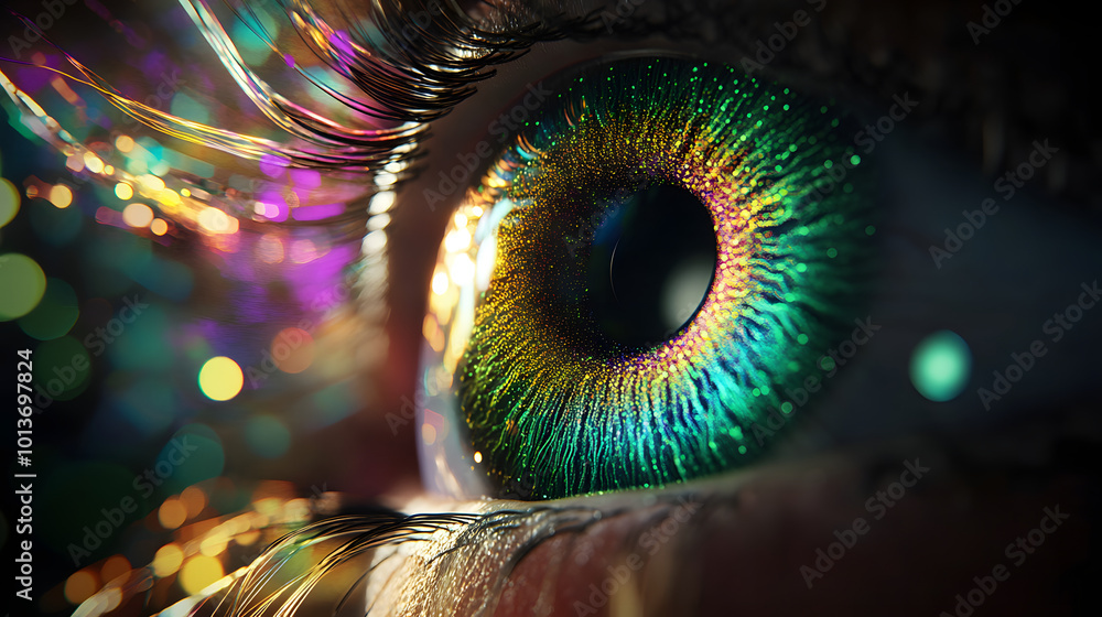 Human multicolored iris of the eye animation concept. Rainbow lines ...