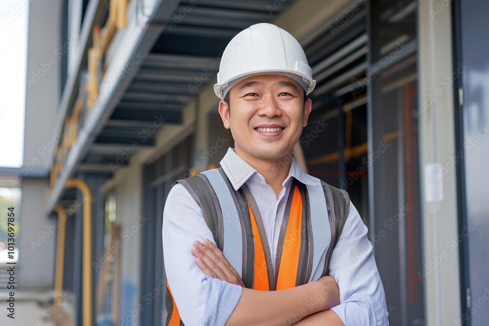 Asian male construction worker stands confidently outside building in ...