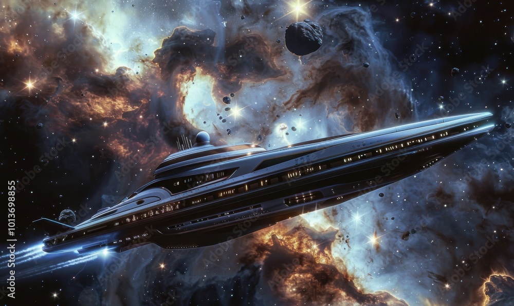 Nebular cruise aboard a luxury space liner, passing through ethereal ...