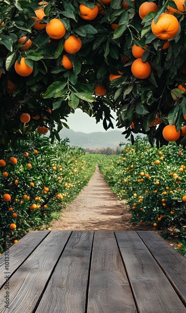 29. An empty wooden table set against a vibrant background of orange ...
