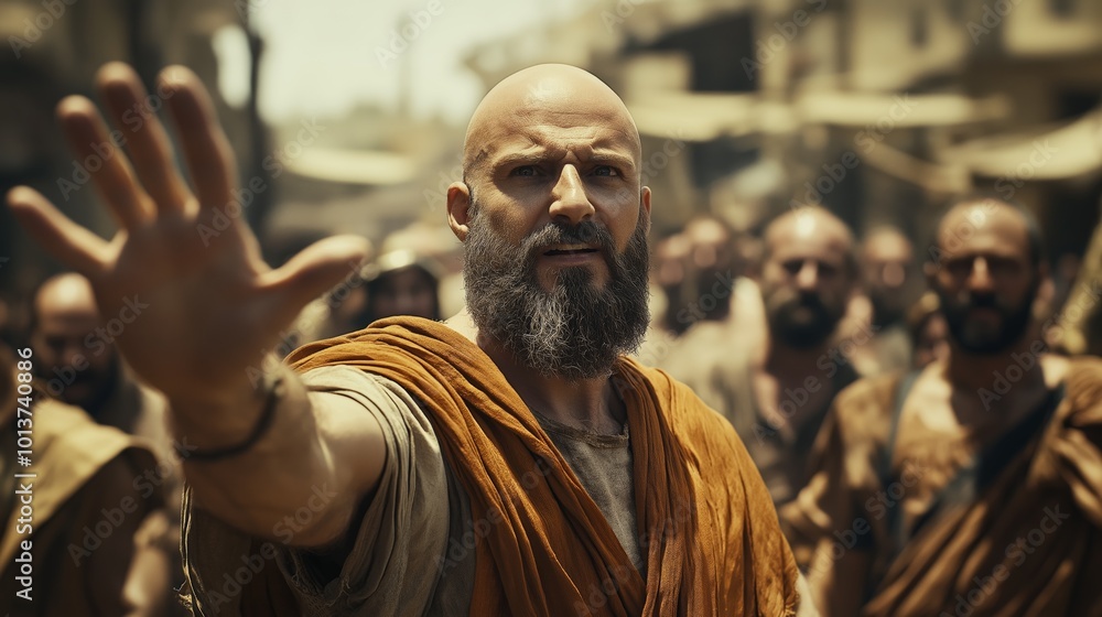 Paul, bald and bearded, standing before a hostile crowd of both Jews ...