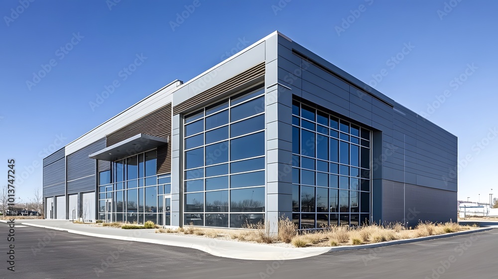 Exterior of a modern warehouse with a small office unit, featuring ...