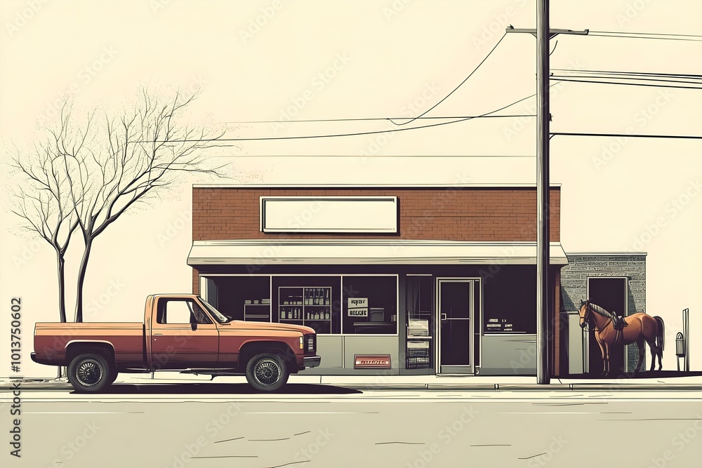 vintage illustration poster store front pick up truck horse small town ...