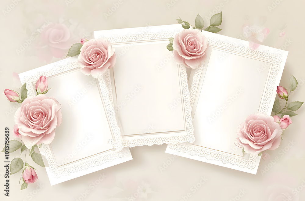Three pieces of white, open, and closed paper cards with pink roses on ...