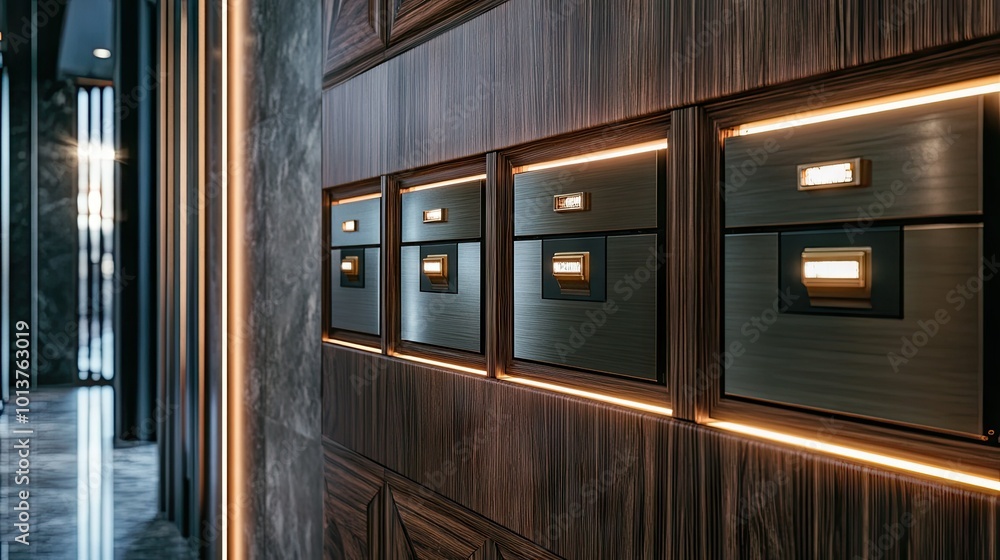 Row of mailboxes in a luxury condominium lobby. The metal boxes are ...