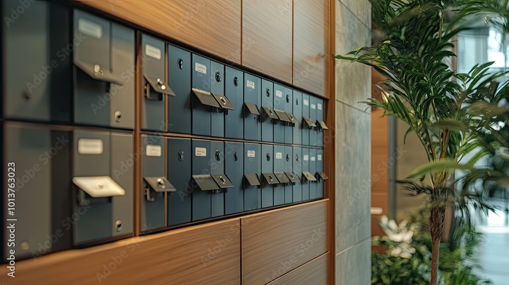 Row of mailboxes in a luxury condominium lobby. The metal boxes are ...