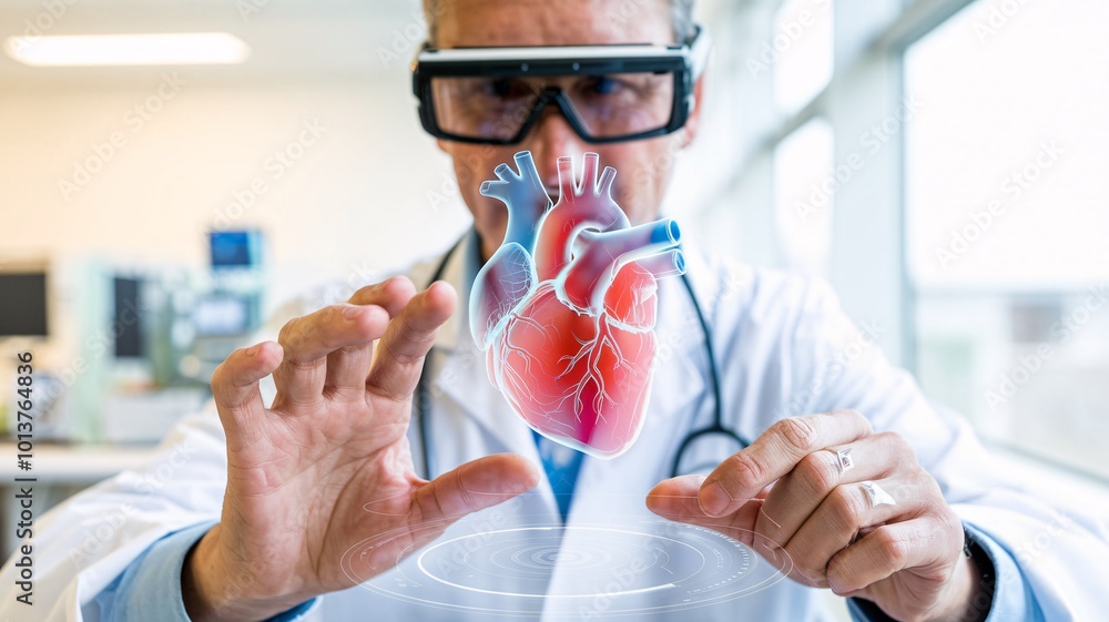A close-up of a doctor wearing augmented reality (AR) glasses while ...