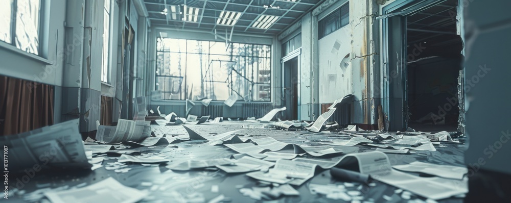 Deserted office building with scattered papers and shattered windows ...