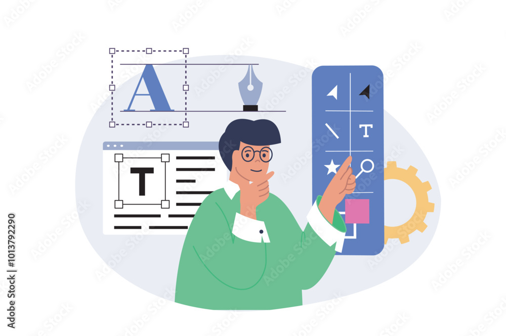 Vetor de Design development concept in modern flat design for web. Man brainstorming, working ...