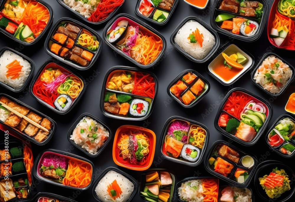colorful display takeout containers featuring freshly prepared meals ...