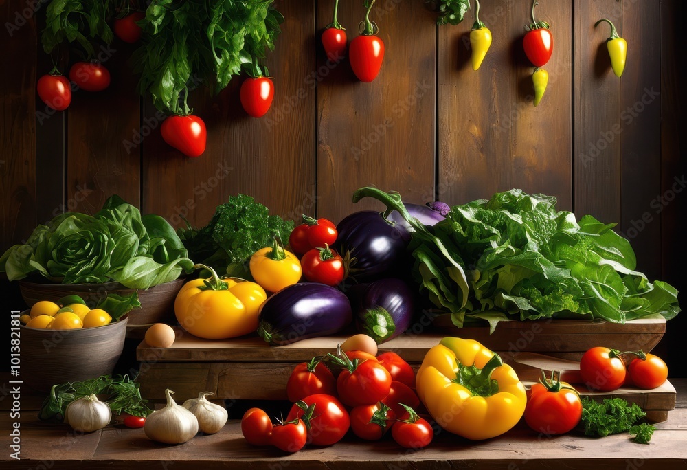 vibrant ingredients spread sleek rustic wooden countertop showcasing ...