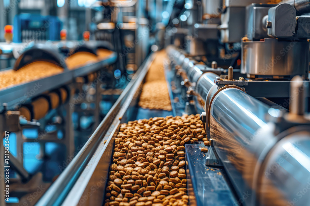 Automated conveyor system in a factory producing dry pet food for cats ...