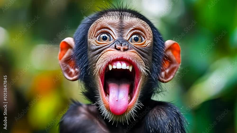 A young chimpanzee with dark fur and large expressive eyes opens its ...