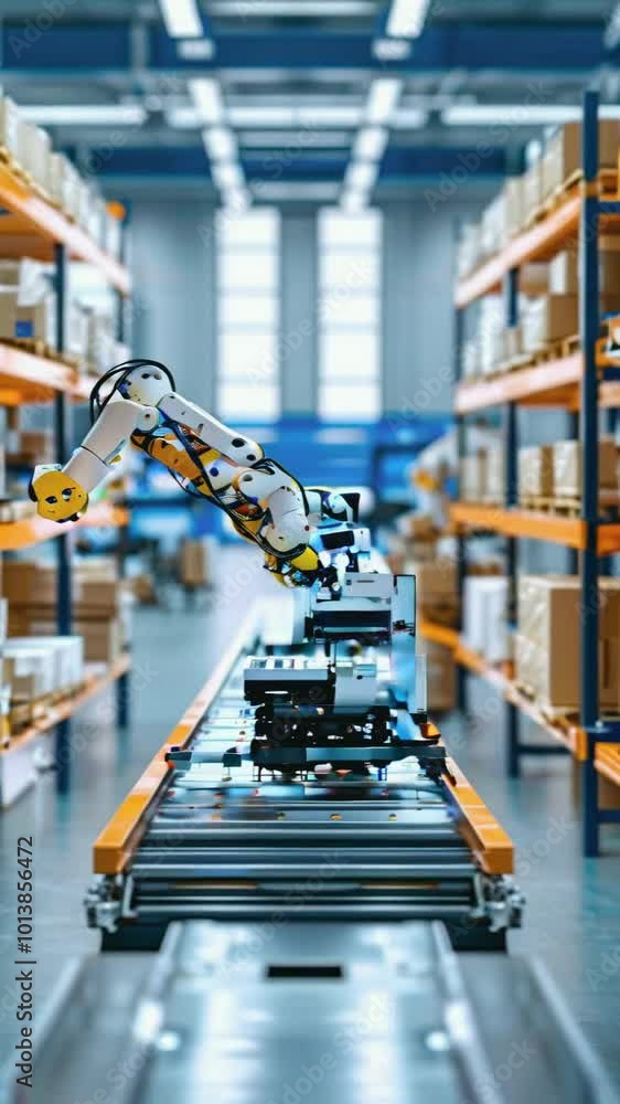 A robotic arm operates in a warehouse, sorting packages on a conveyor ...